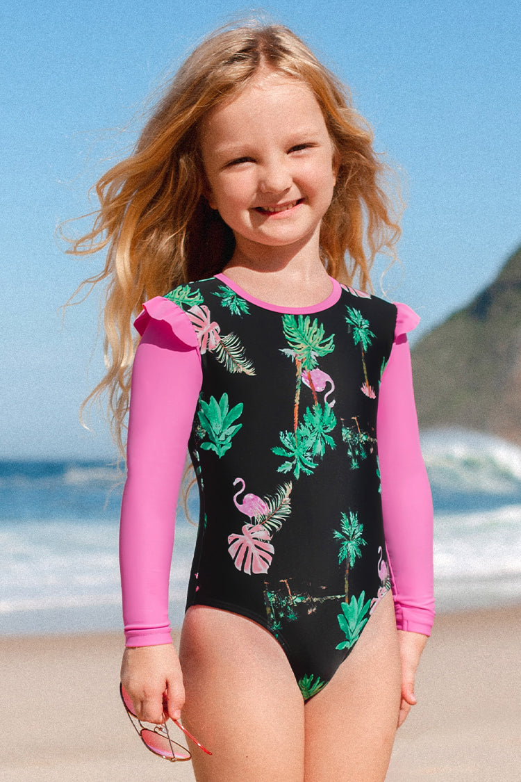 Girls Palm Beach Night Flamingo Ruffle Long Sleeve Rashguard Swimsuit