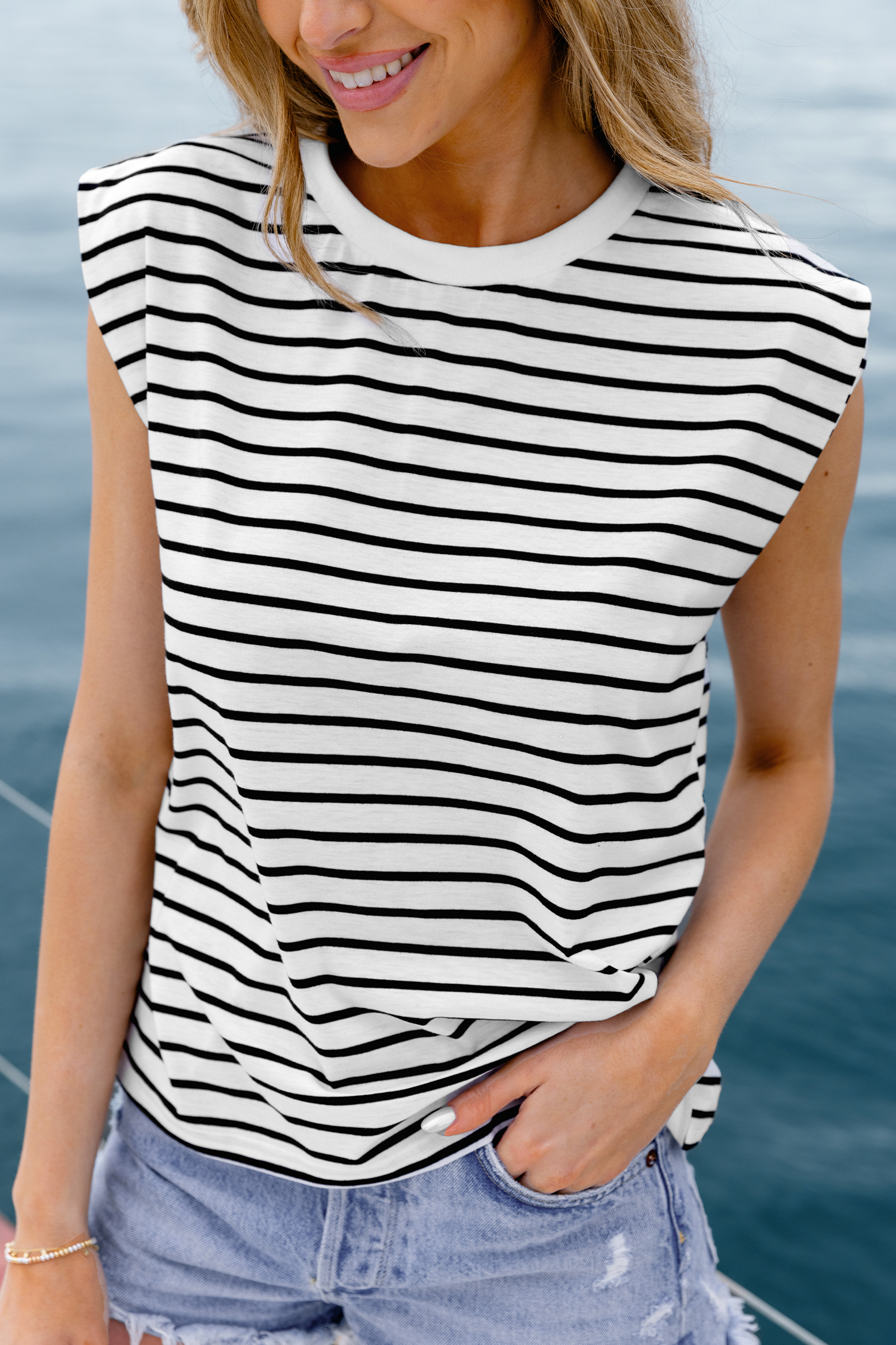 Striped Round Neck Sleeveless Top