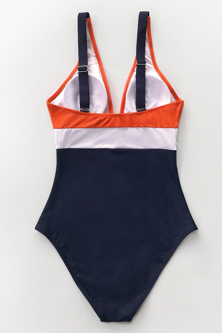 Orange White and Navy Ruching One-Piece Swimsuit
