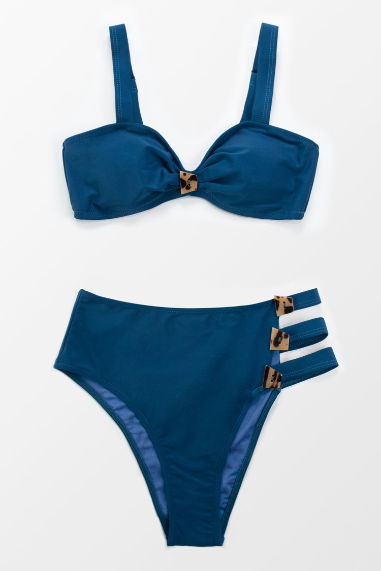 Navy Buttoned Strappy Mid Waisted Bikini