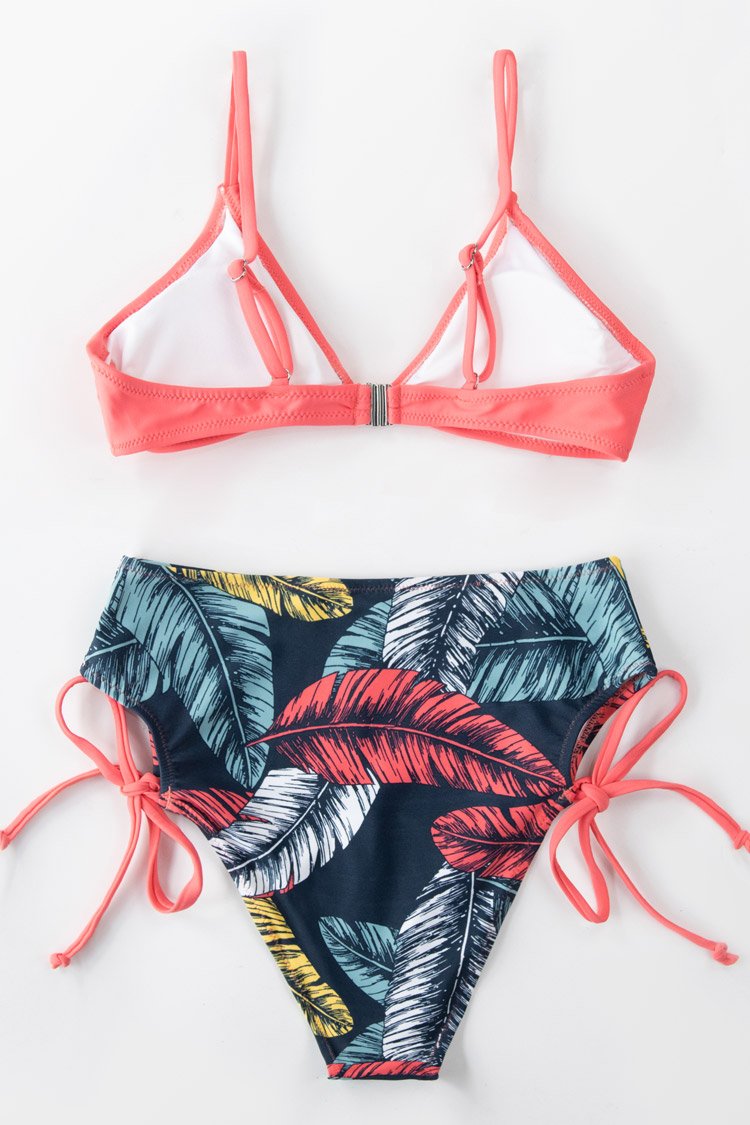 Pink And Leafy Triangle High Waisted Bikini