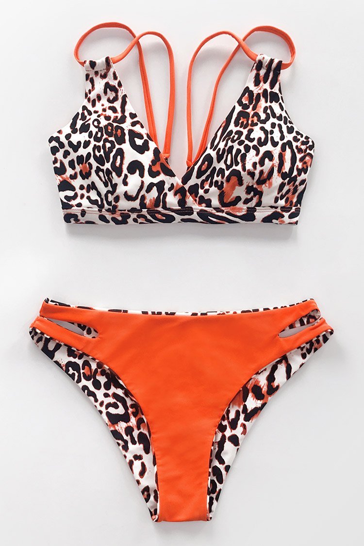 CUPSHE Women's Orange Trim Leopard Print V Neck Strappy Reversible ...