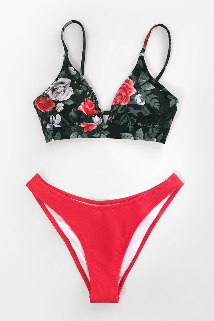 Red Floral V-Neck Bikini Top
