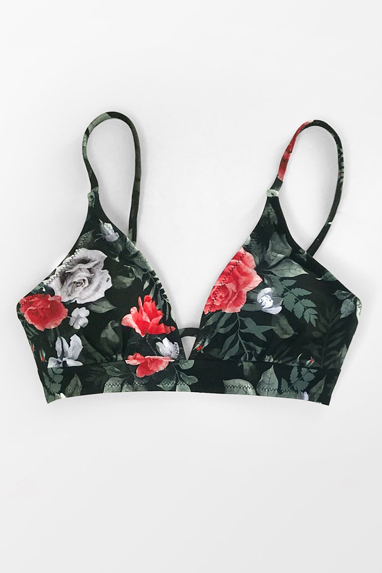Red Floral V-Neck Bikini Top