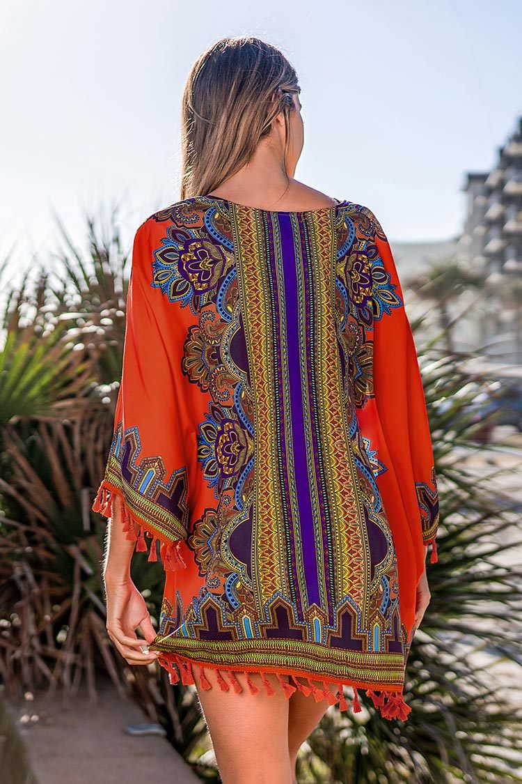 Orange Boho Cover Up with Tassels