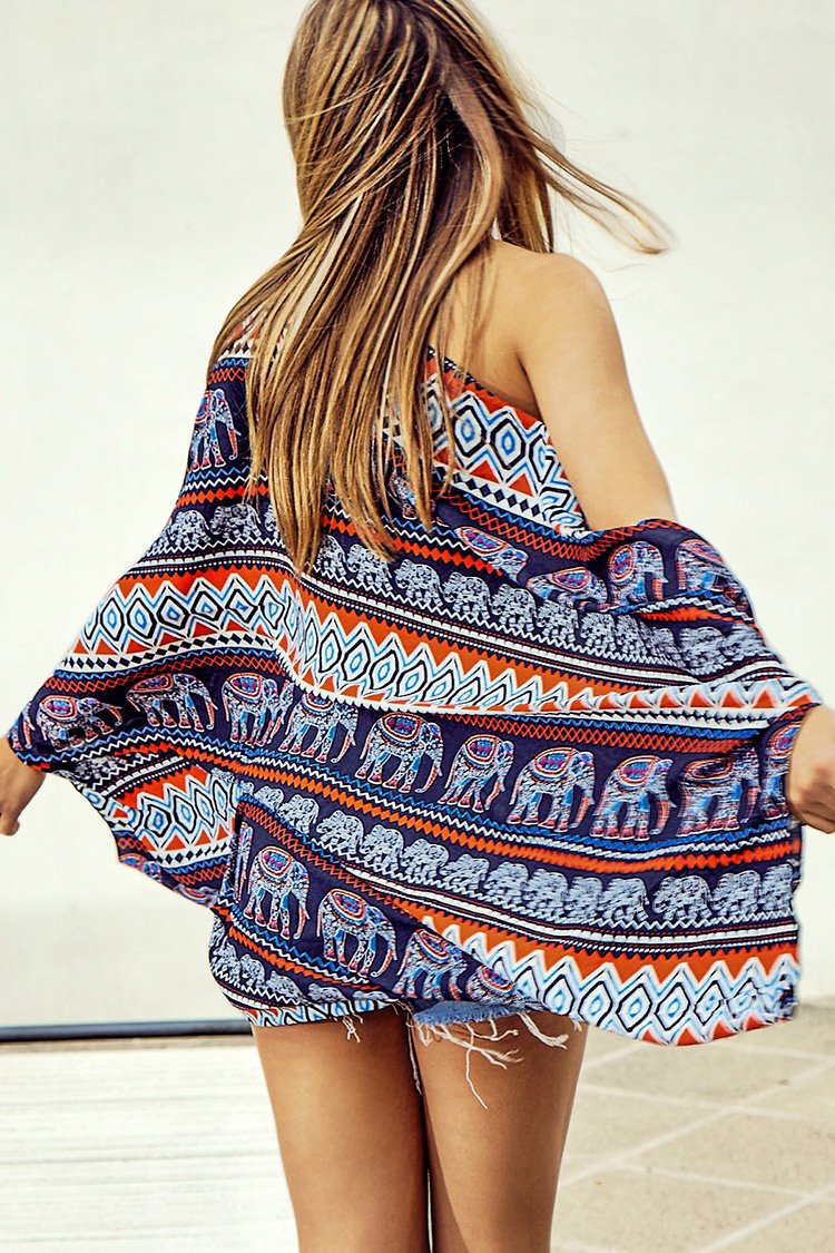 Blue And Red Elephant Print Cover Up