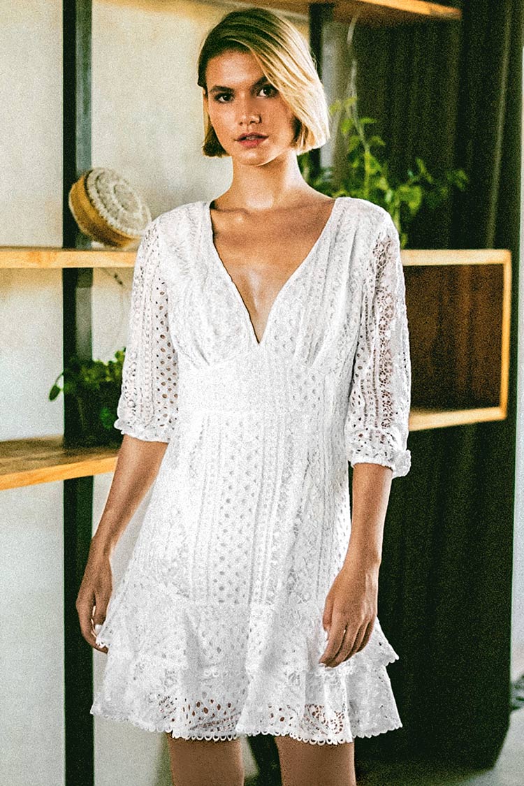 White V-Neck Ruffled Dress