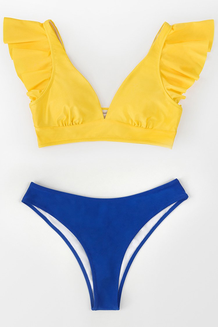 Yellow Ruffled V-Neck Bikini Top