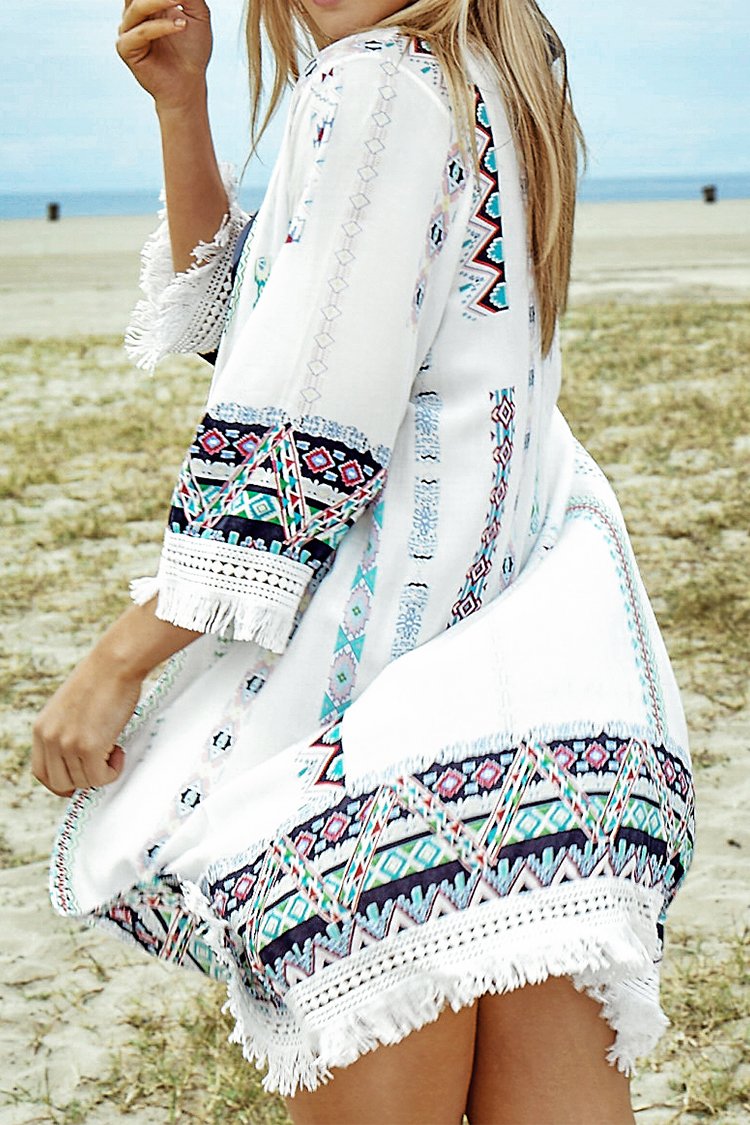 White Print Cover Up with Fringe Trim