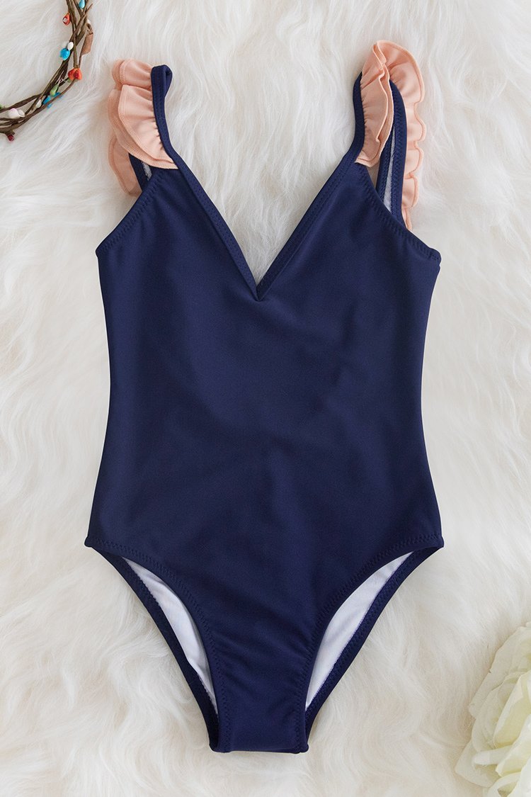 Navy Blue Ruffled One-piece Swimsuit for Toddler girls and girls