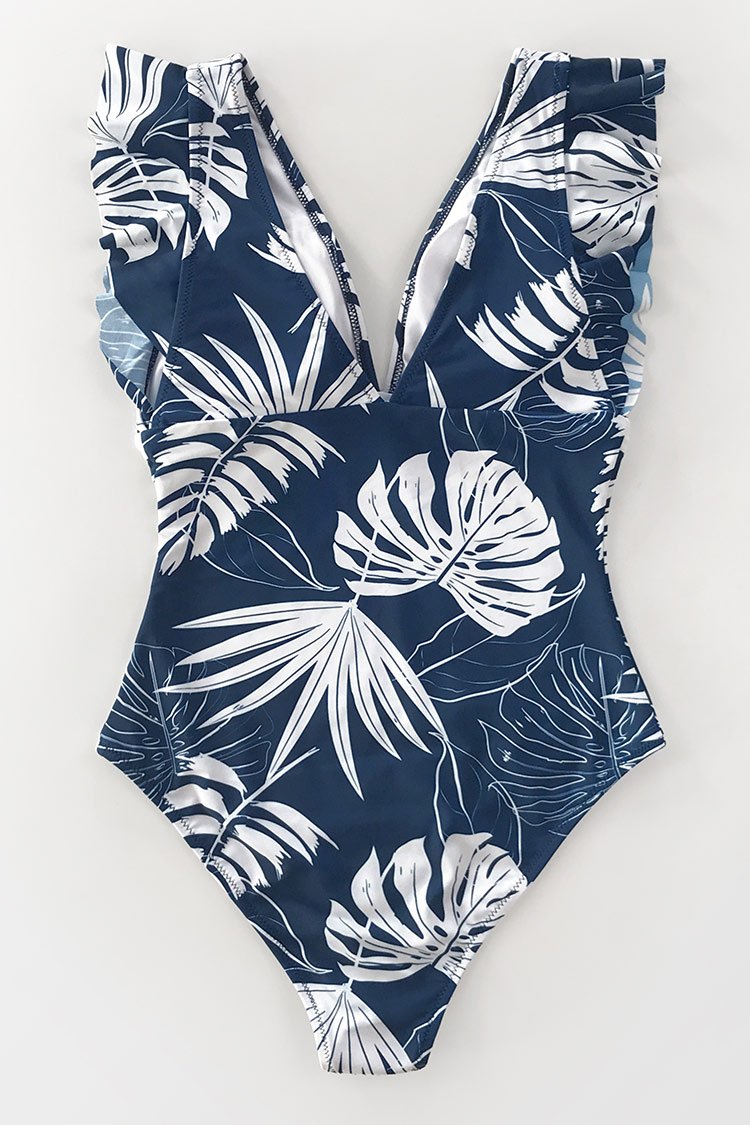 Navy Leafy Print Ruffles One-Piece Swimsuit