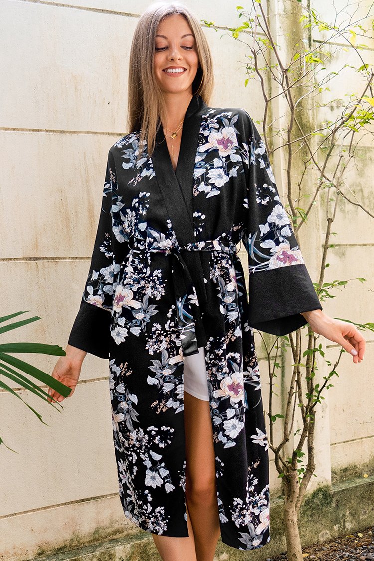 Black Floral Print Long Sleeve Cover up
