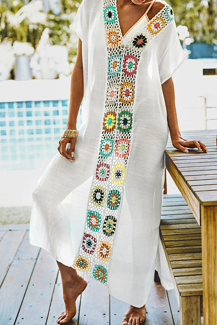 White Maxi Cover Up with Colorful Crochet