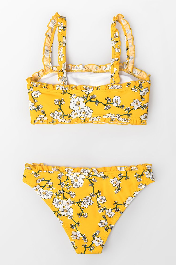 Yellow Floral Bandeau Ruffled Bikini
