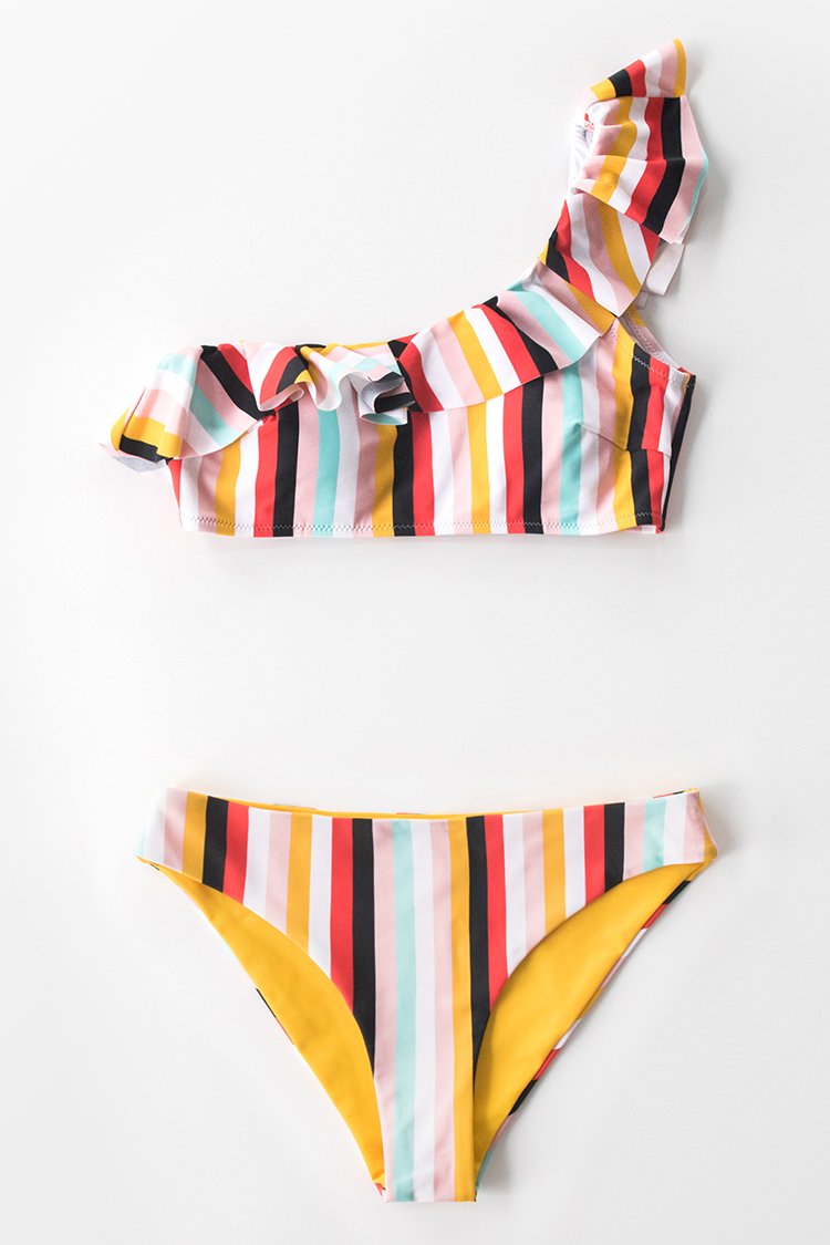 Playa Stripe Ruffled One Shoulder Reversible Bikini