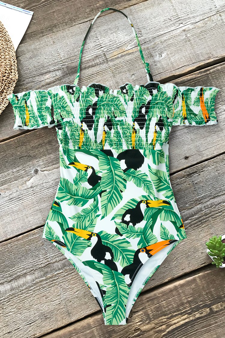 Leaves And Parrots Off Shoulder One-Piece Swimsuit