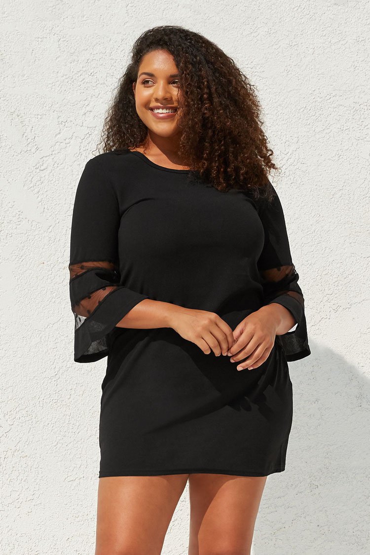 Black Plus Size Mini Dress with Mesh Sleeves