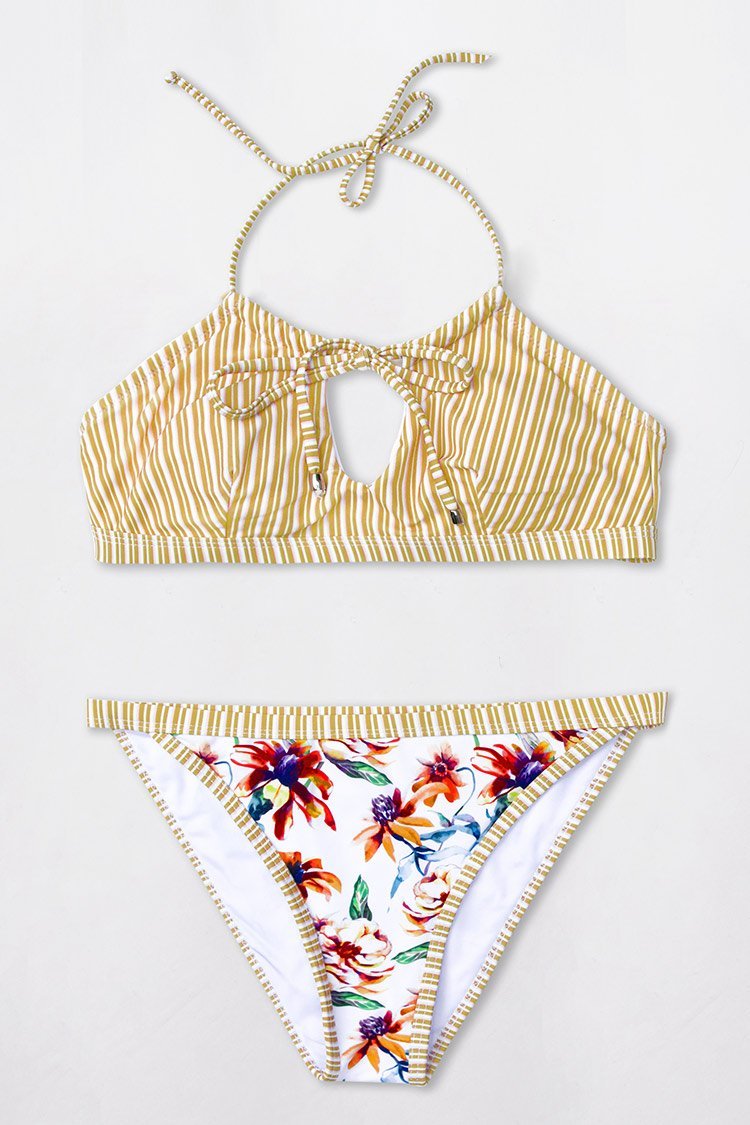 Yellow Stripe and Floral Bikini
