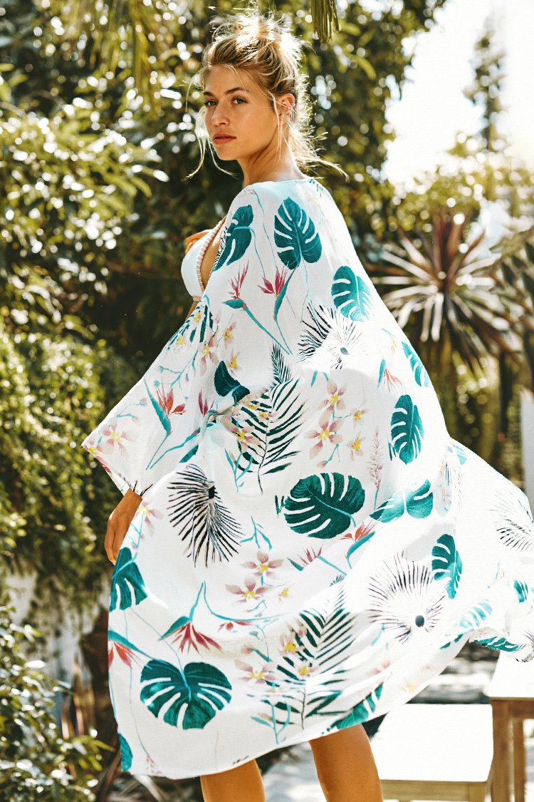 White Palm Print Open Maxi Cover Up