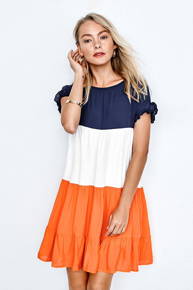 Navy White and Orange Colorblock Dress