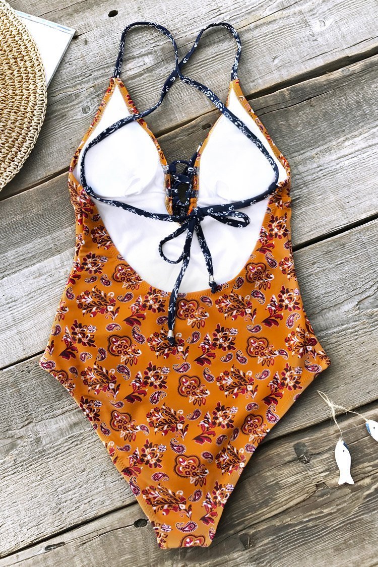 Summer Paisley Lace-Up One-Piece Swimsuit