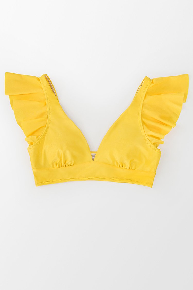 Yellow Ruffled V-Neck Bikini Top