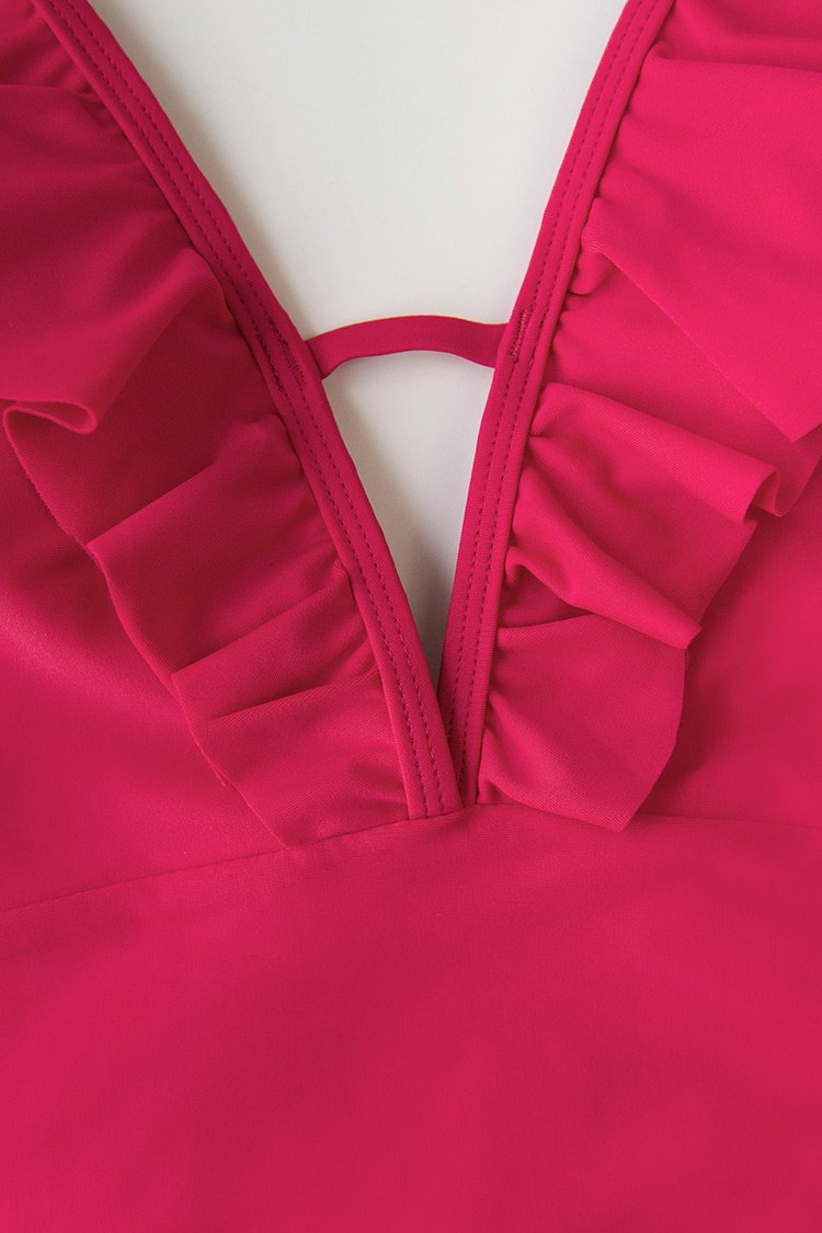 Red Ruffled Plunging Neckline One-piece Swimsuit