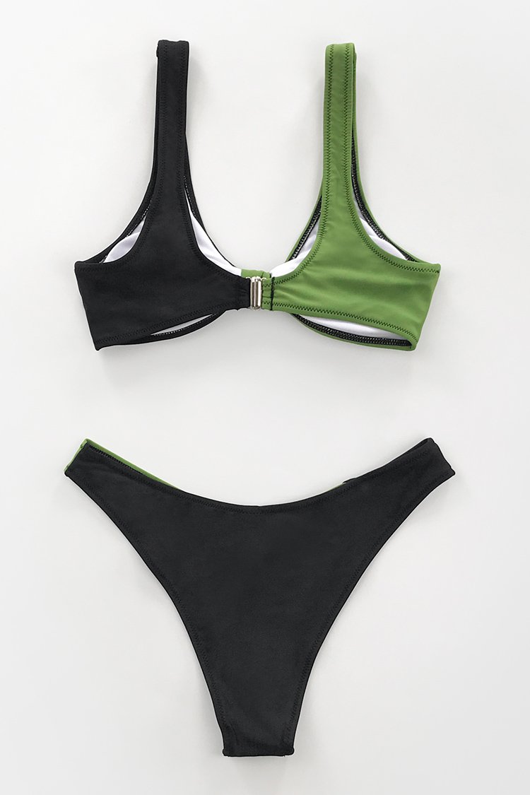Green and Black Colorblock Bikini with Bowknot