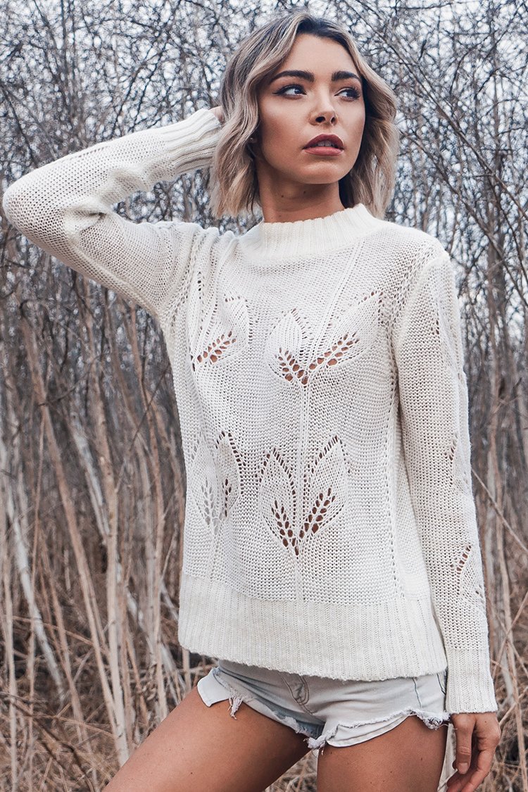White Leafy Drop Stitch Sweater