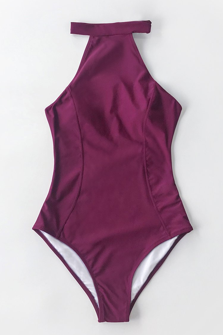 Purple High-Neck Halter One-Piece Swimsuit