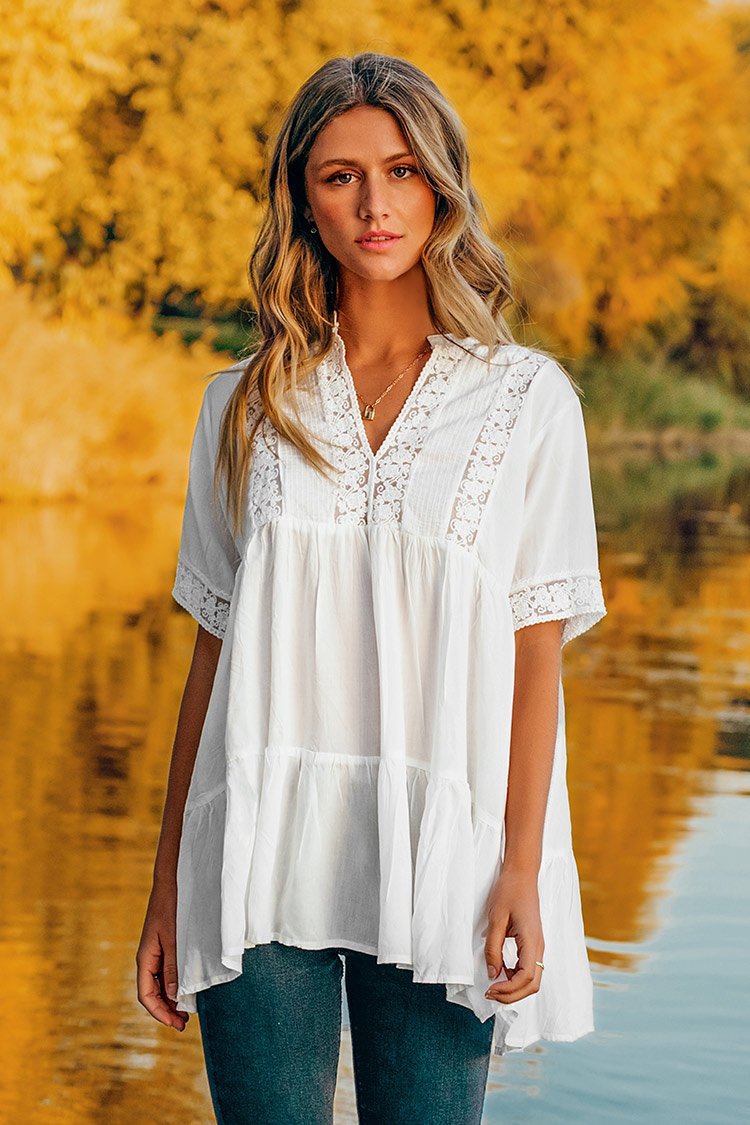 White Ruffled V-Neck Cover Up