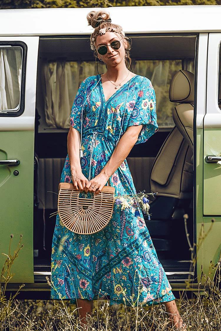 Blue Floral Print Midi Dress