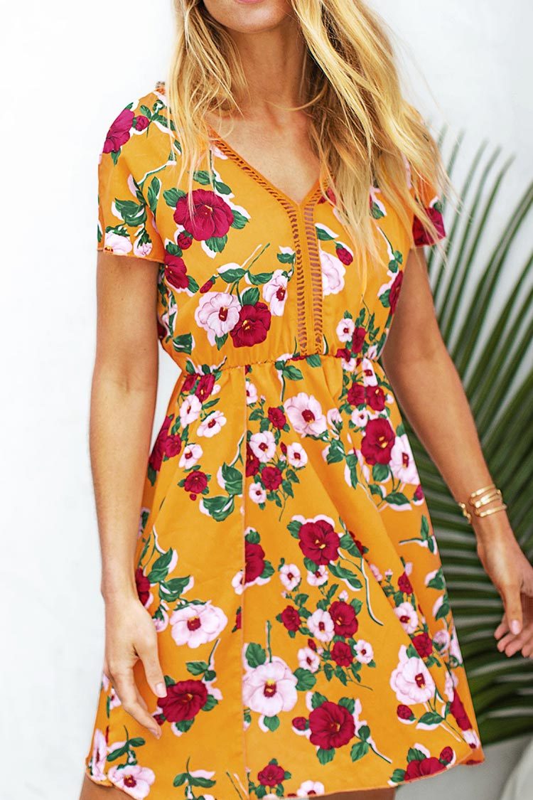 Yellow Floral Print Midi Dress