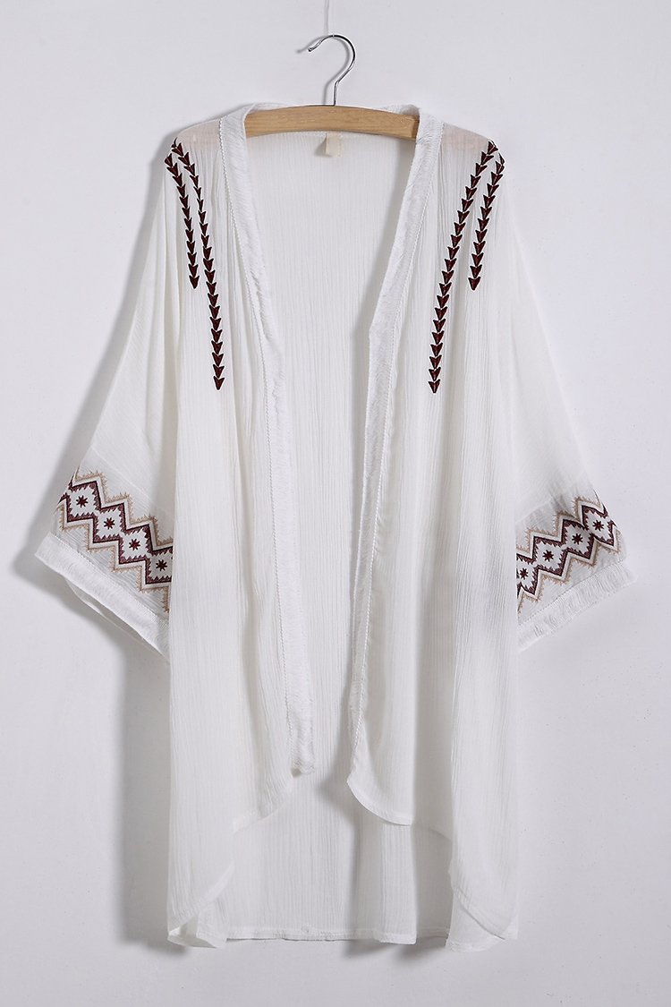 White Simple Pattern Embroidered Cover Up