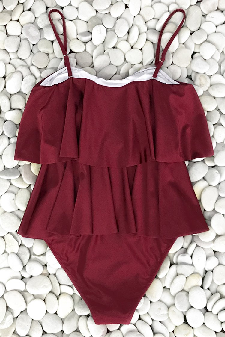 Double Flounce Burgundy One Piece Swimsuit