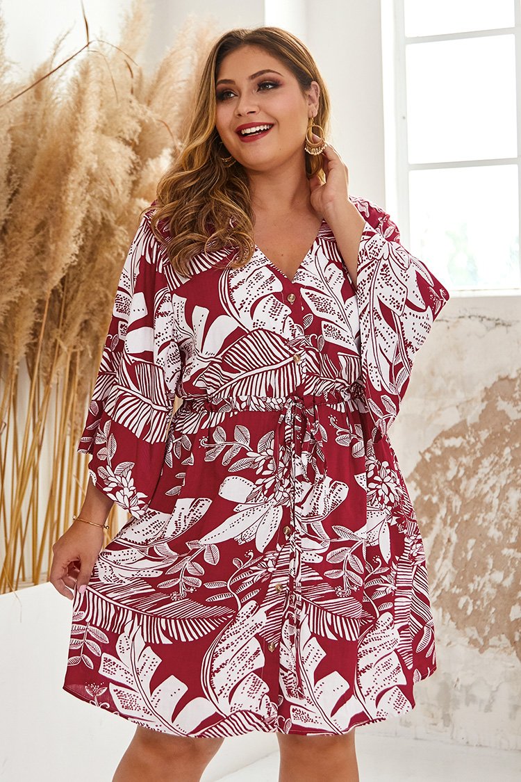 Red and White Floral Plus Size Cover Up