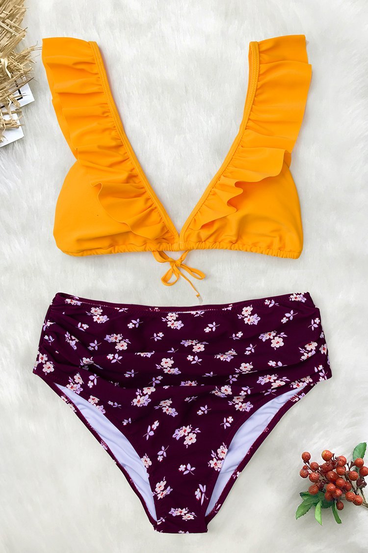 Yellow And Purple Ruffled Bikini
