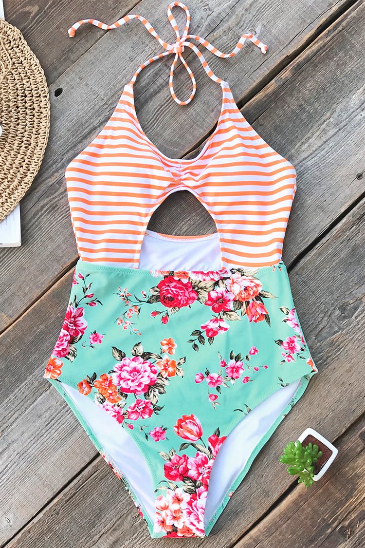Orange Striped And Floral One-piece Swimsuit