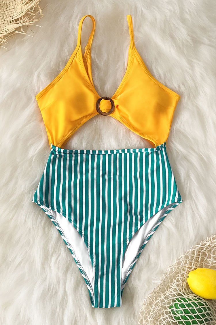 Yellow and Striped O-Ring One-Piece Swimsuit