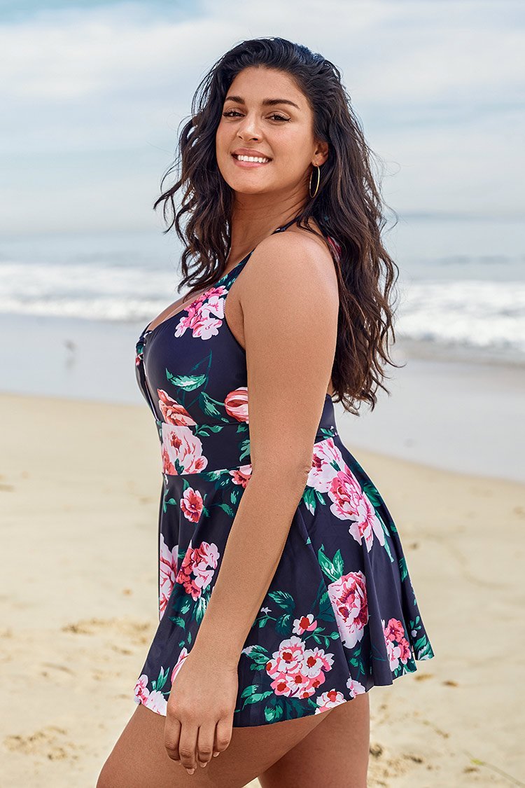 Romantic Floral Halter Plus Size One Piece Swimsuit