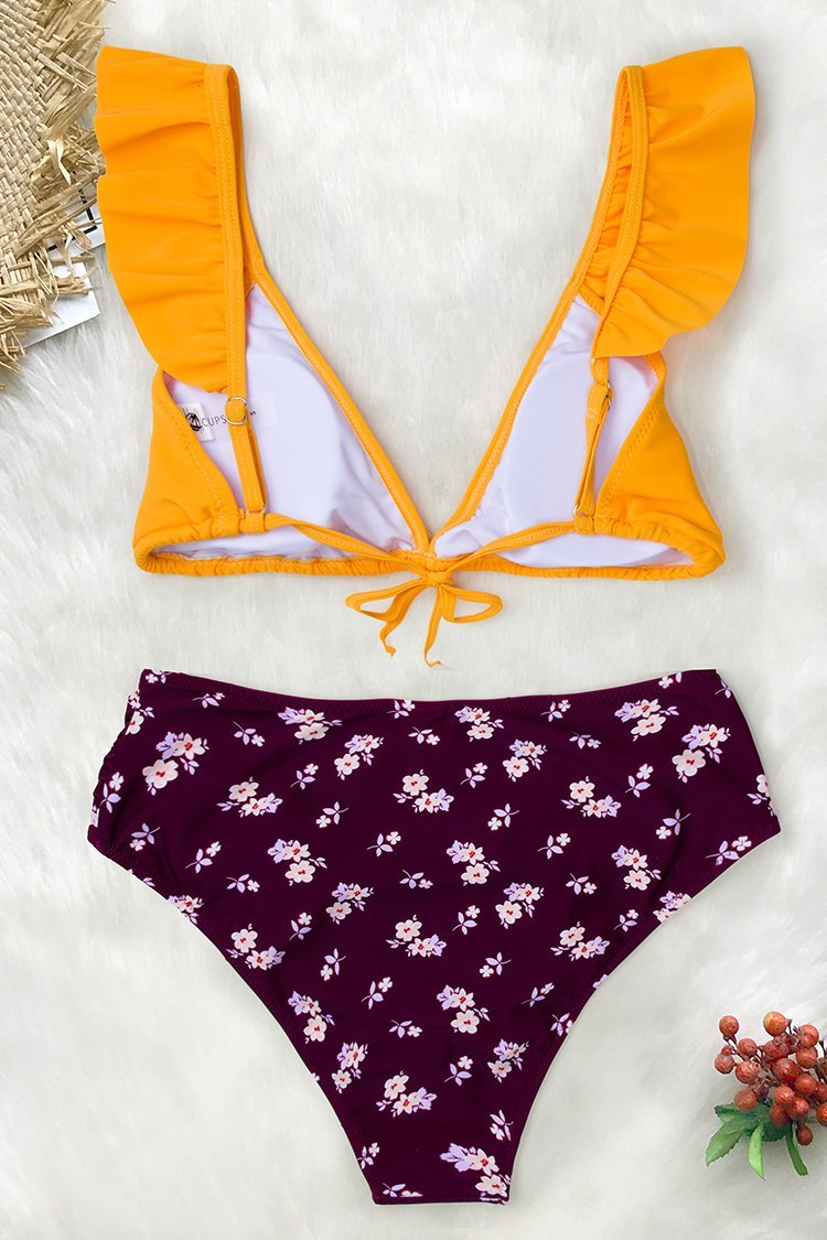 Yellow And Purple Ruffled Bikini