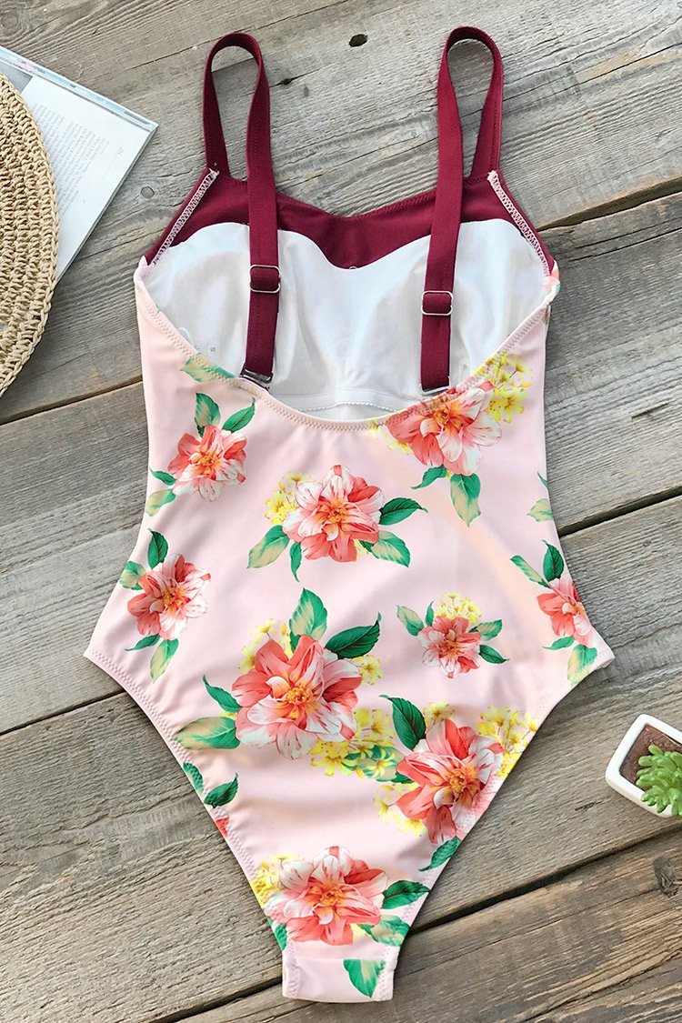 Wine Red Floral One-Piece Swimsuit