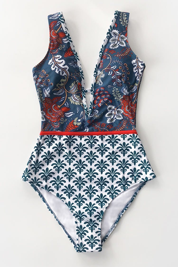 Blue Print Plunging Neckline One-Piece Swimsuit