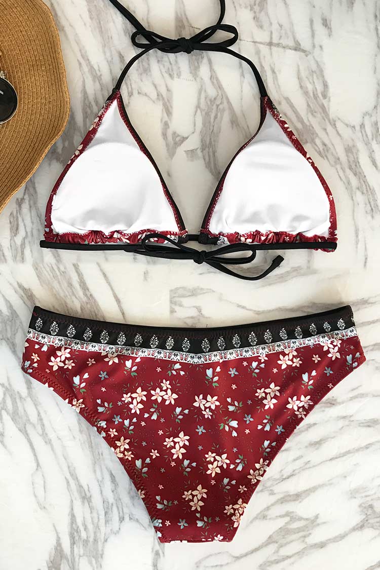 CUPSHE Women's Pretty Tune Print Bikini Set Beach Swimwear Bathing SuitRed