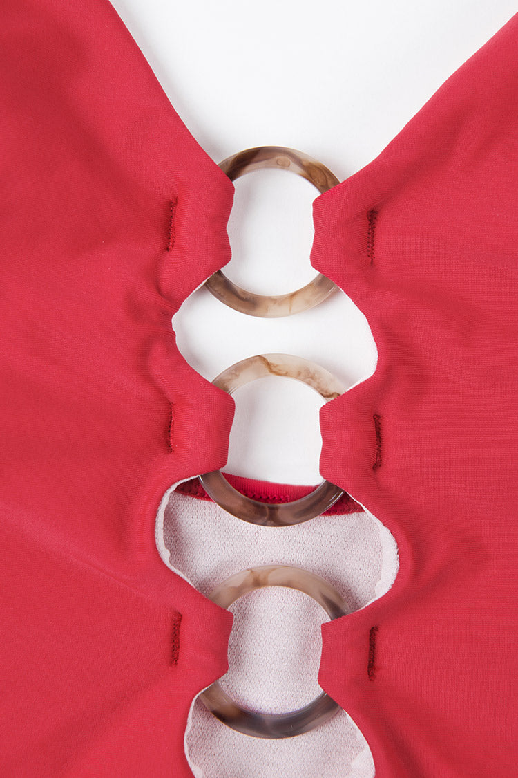 Joyful Retro Solid Ring Front Red One Piece Swimsuit