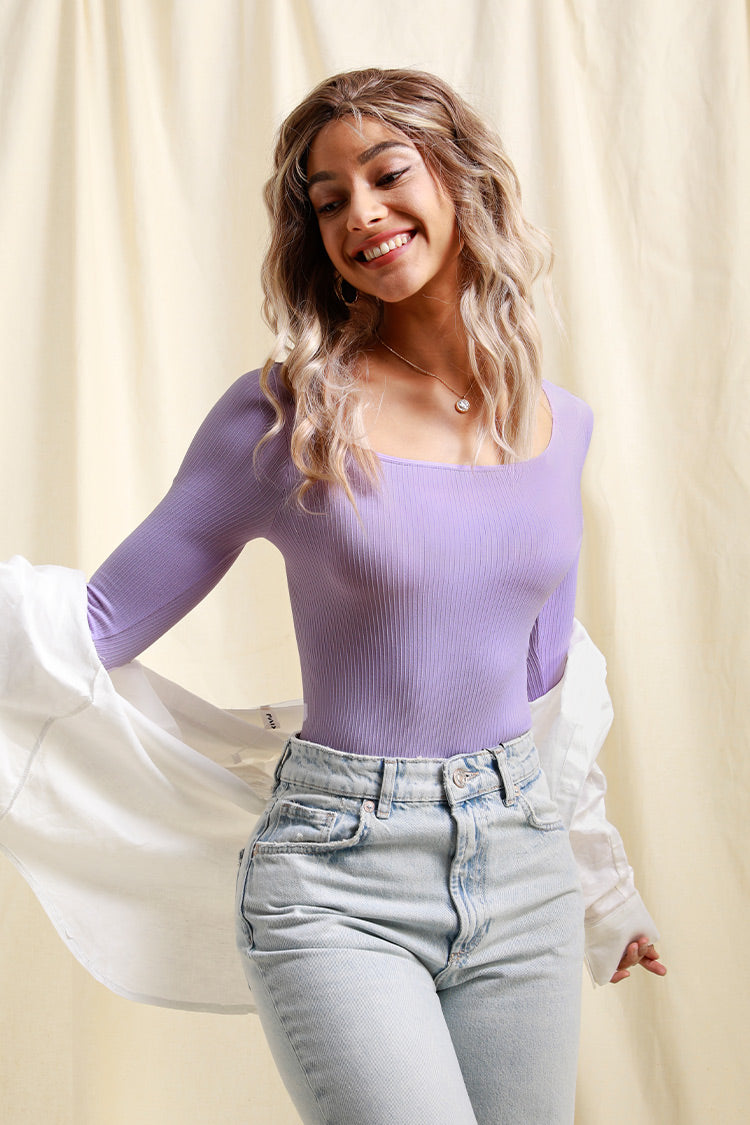 Adrianna Purple Scoop Long Sleeve Cheeky Coverage Bodysuit- Cupshe AU