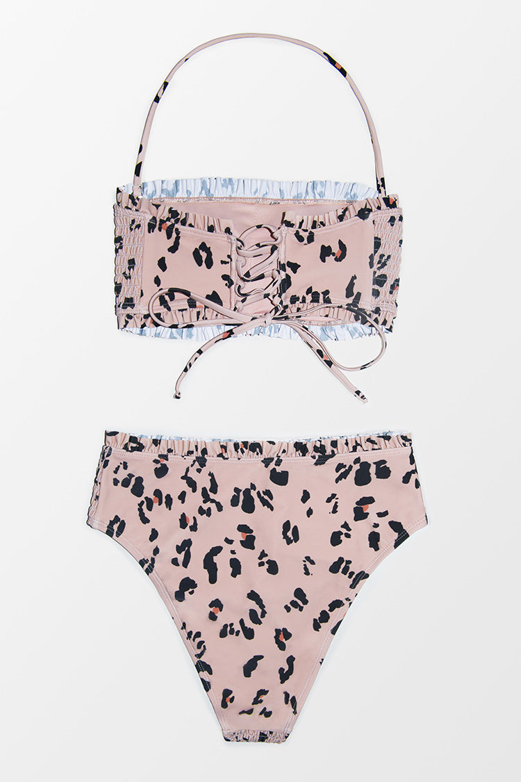 Lesley Leopard Smocked Lace Up Bikini