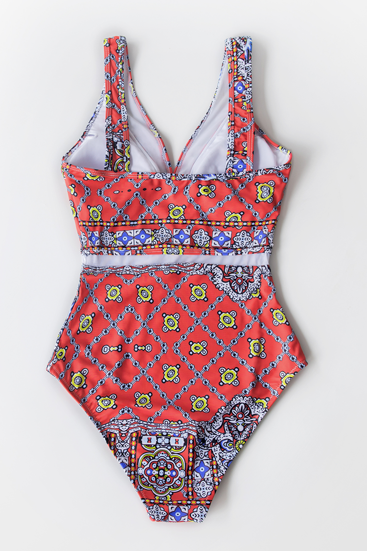 Red Print One-Piece Swimsuit with Mesh