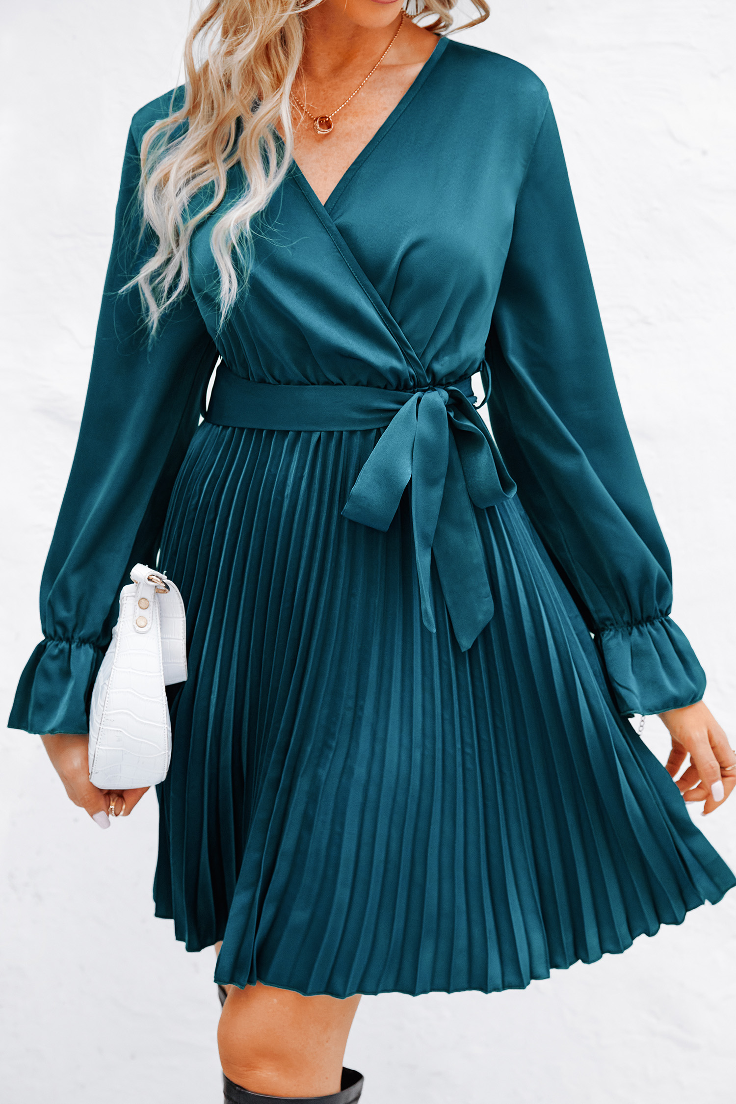 Raelynn Belted Pleated Satin Dress
