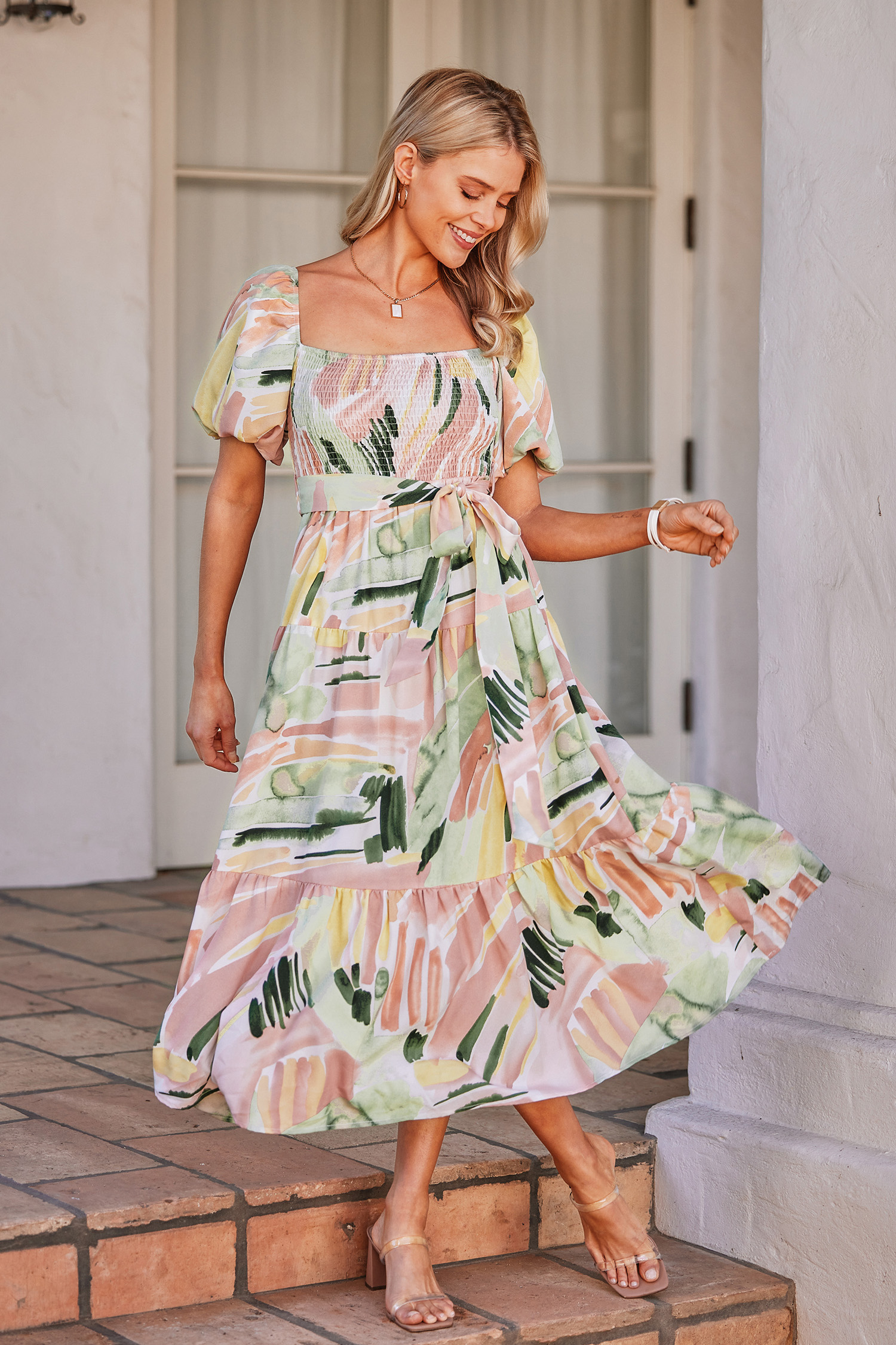 Tunnels Beach Abstract Print Smocked Midi Dress